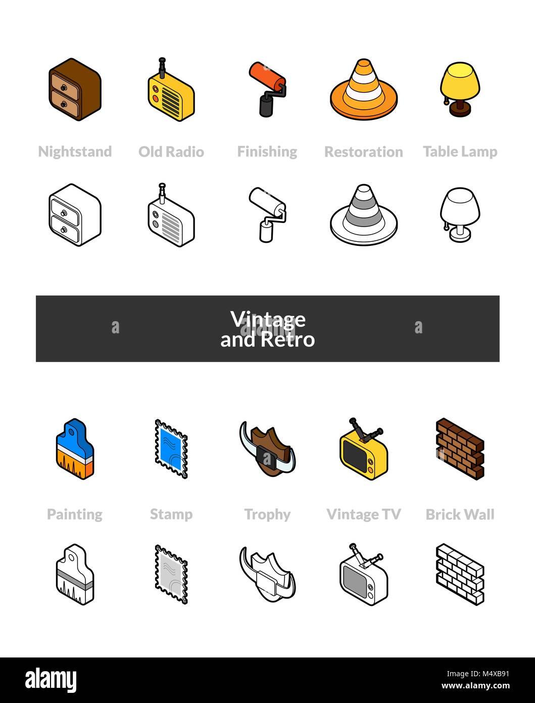 Set of isometric icons in otline style, colored and black versions ...