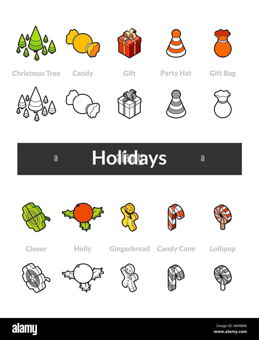 Set of isometric icons in otline style, colored and black versions ...