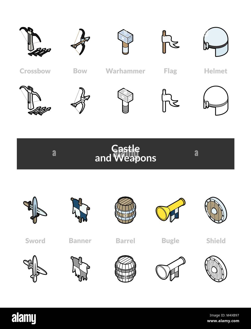 Set of isometric icons in otline style, colored and black versions ...