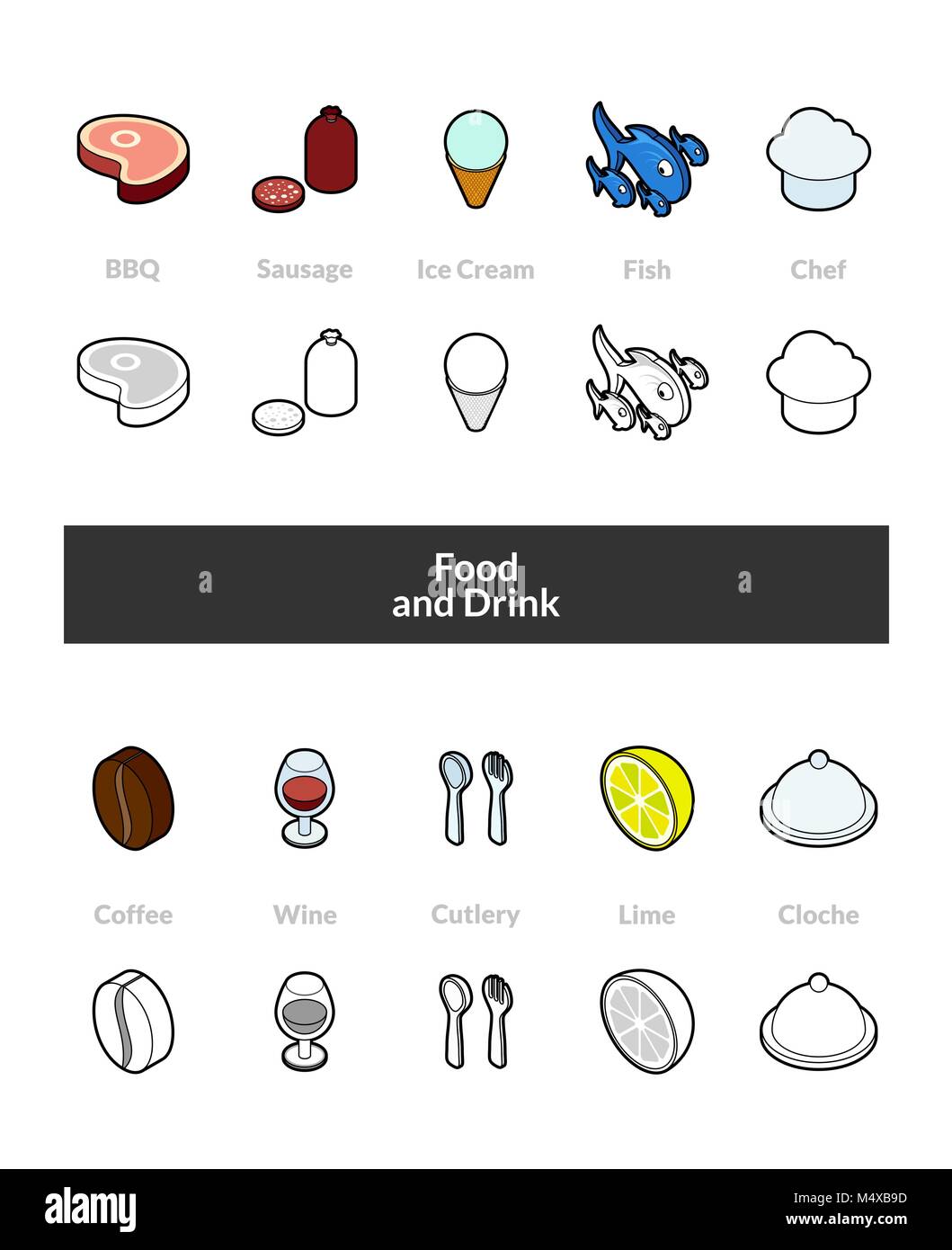 Set of isometric icons in otline style, colored and black versions ...