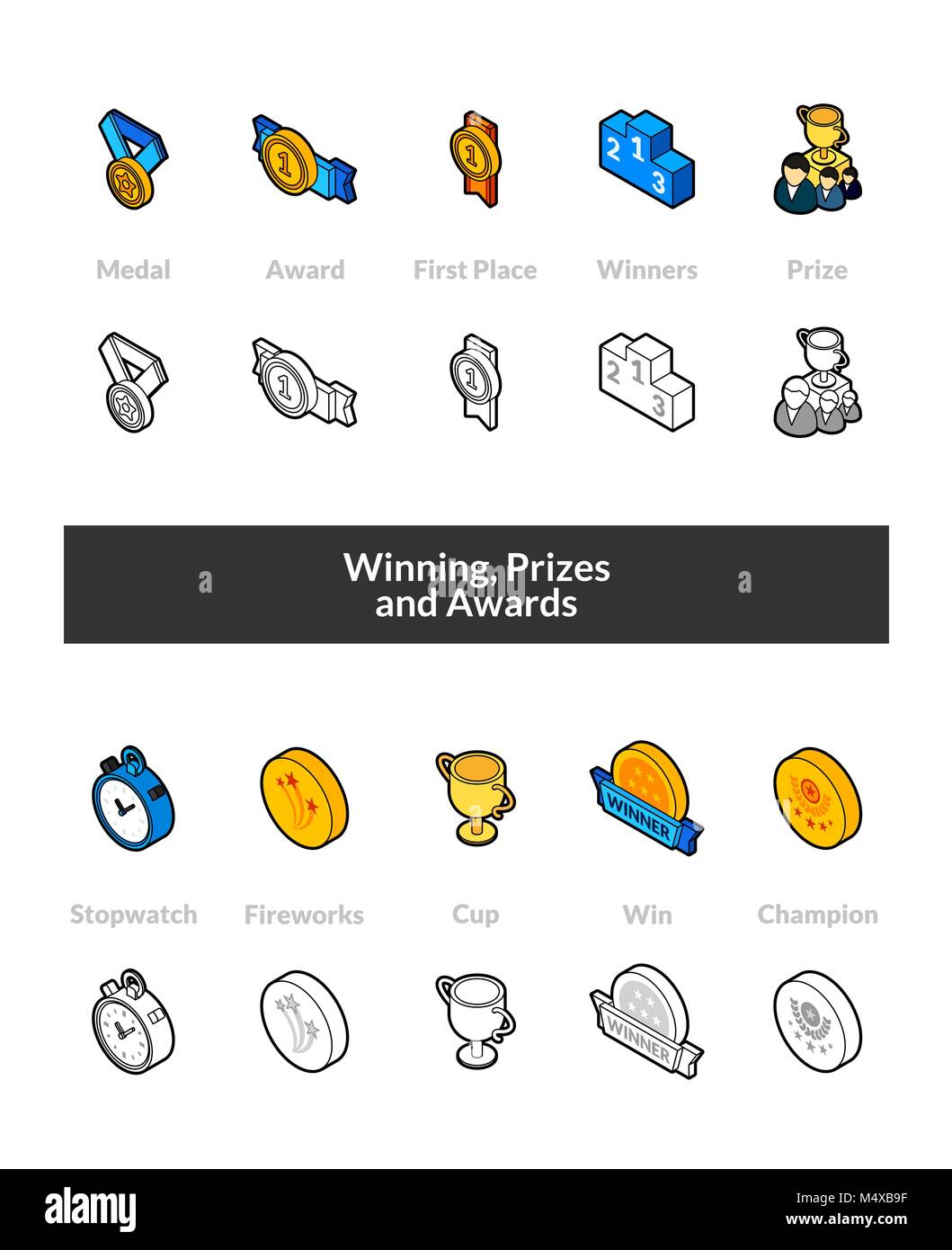Set of isometric icons in otline style, colored and black versions ...
