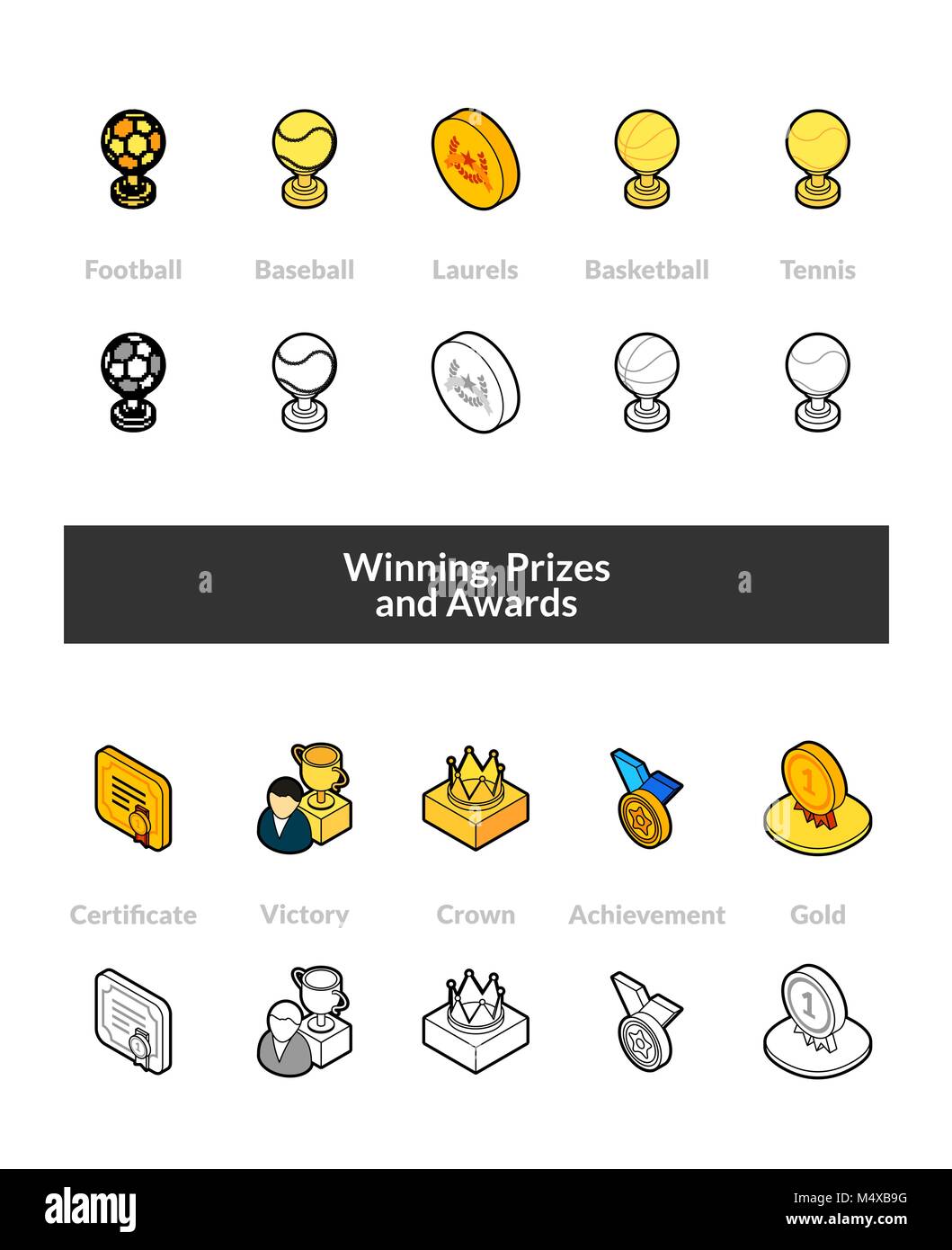 Set of isometric icons in otline style, colored and black versions ...