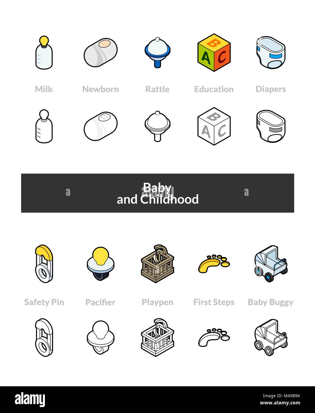 Set of isometric icons in otline style, colored and black versions ...