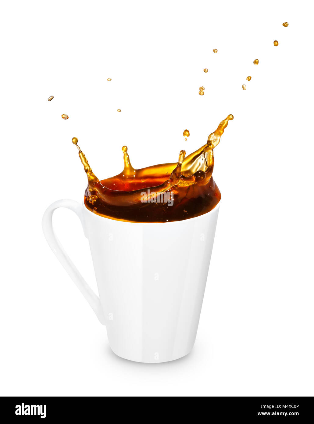 mug of spilling coffee or tea isolated on white background. Coffee ...