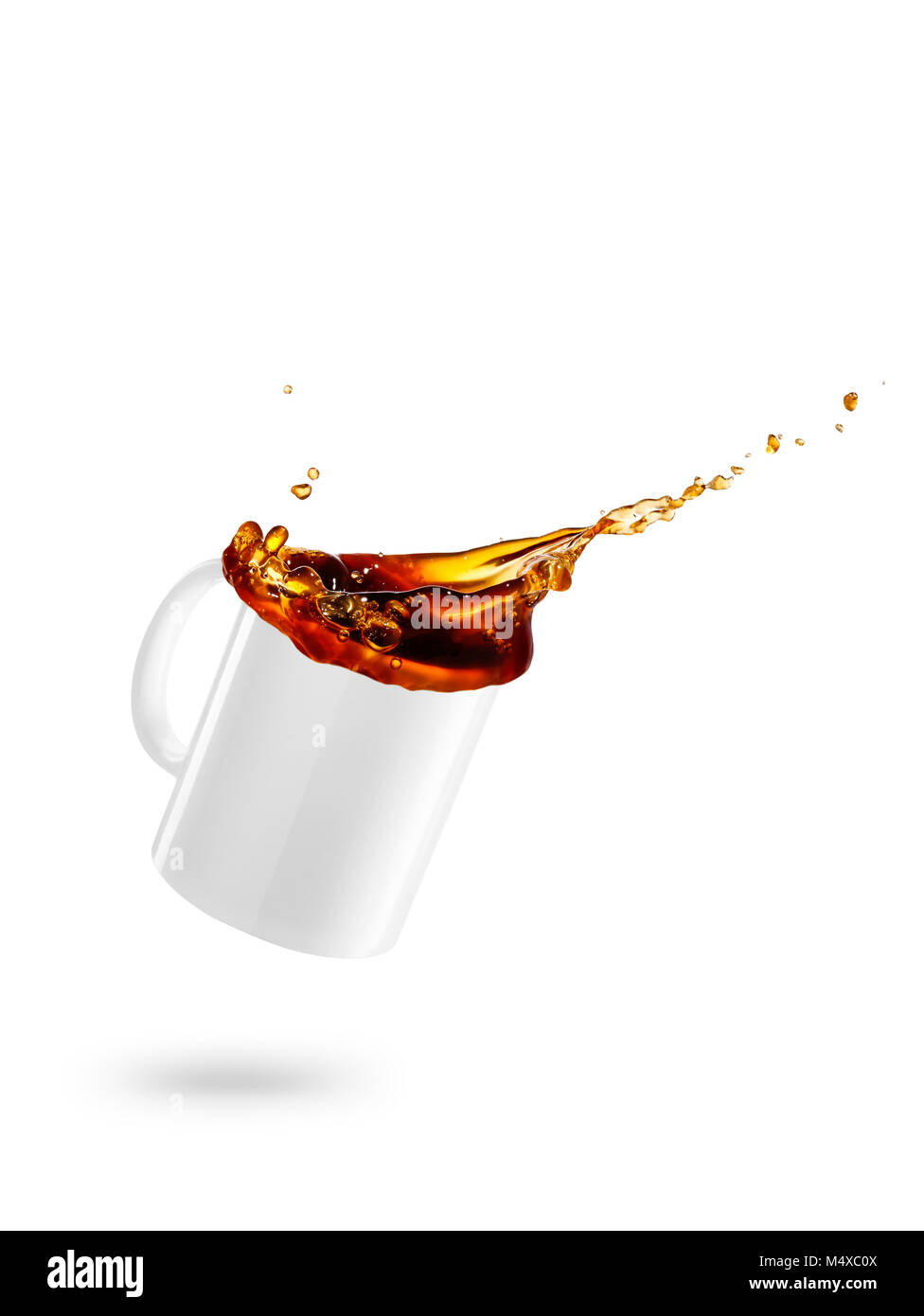 mug of spilling coffee or tea isolated on white background. Coffee ...