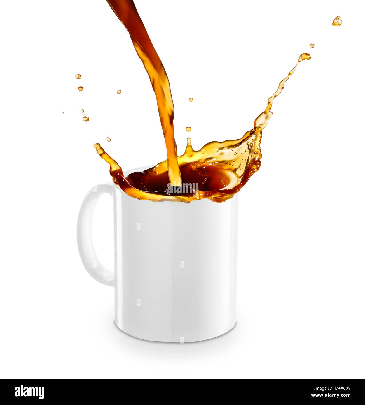 coffee or tea pouring into mug creating splashes isolated on white ...
