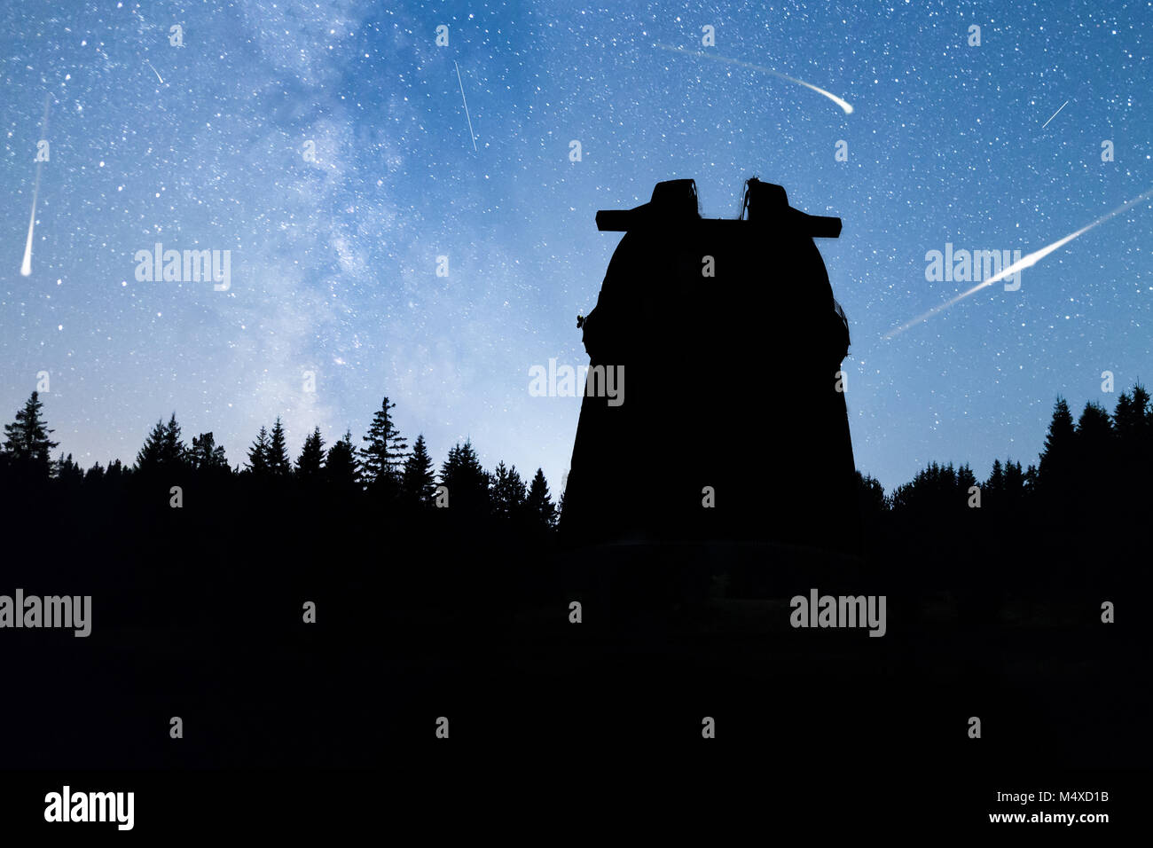 Pine trees silhouette Milky Way observatory Falling stars Stock Photo ...