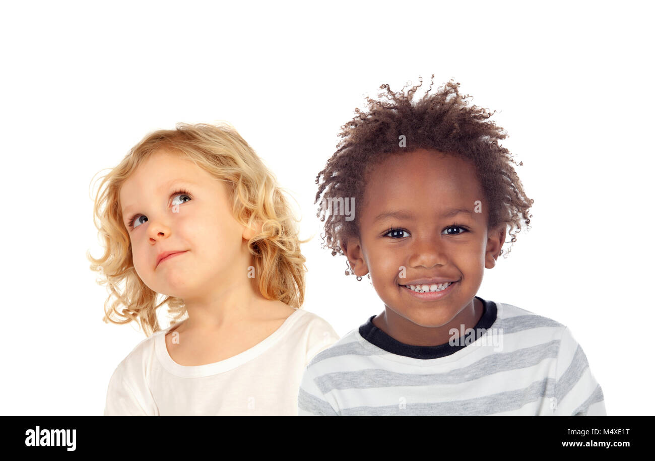Two children looking up isolated on a white backround Stock Photo - Alamy