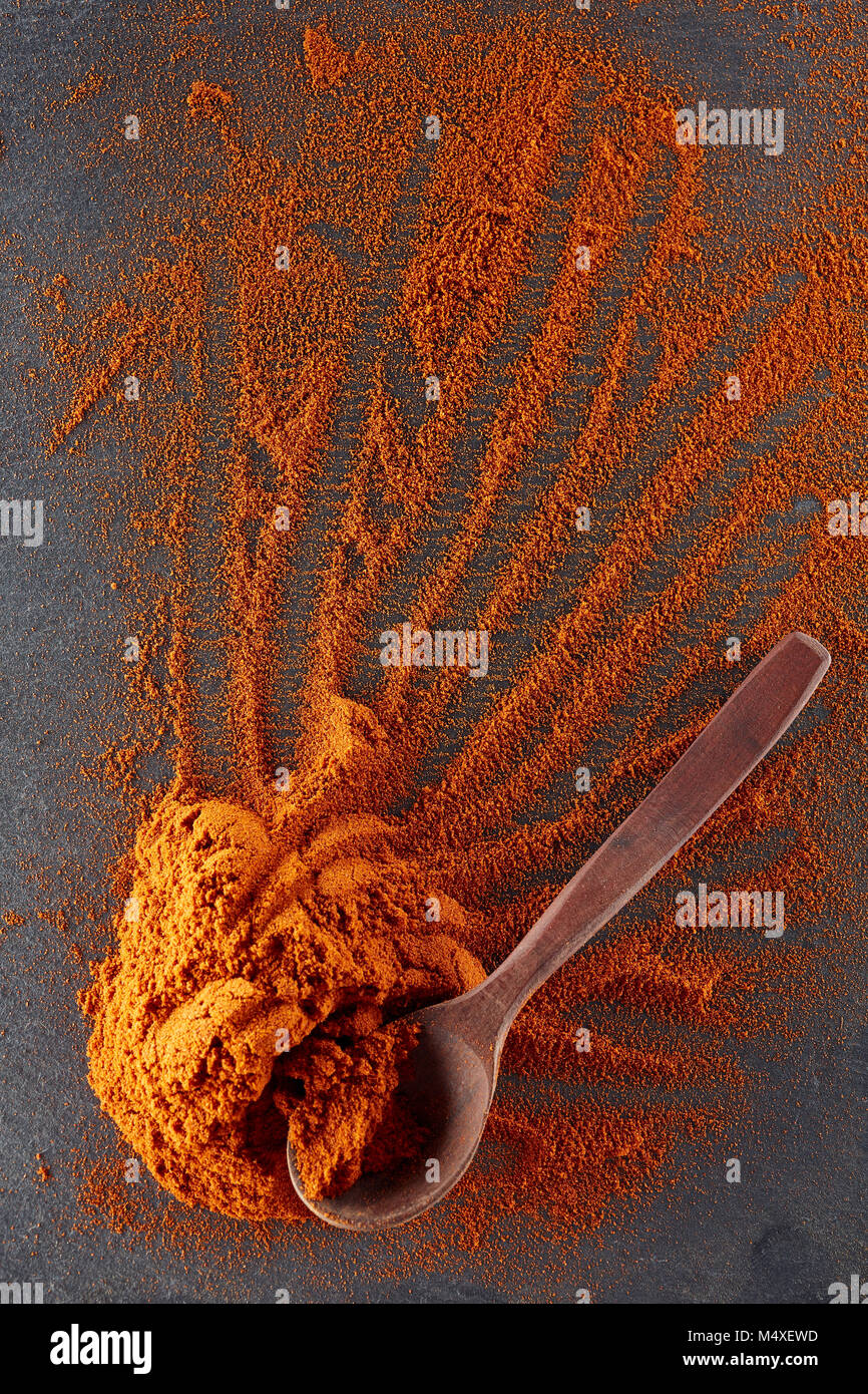 Top view on the texture background of red chilli pepper powder mixed ...