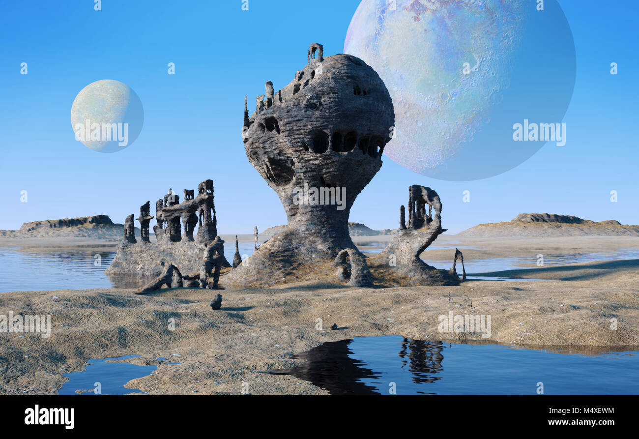 alien planet landscape with lakes and strange rock formations Stock ...