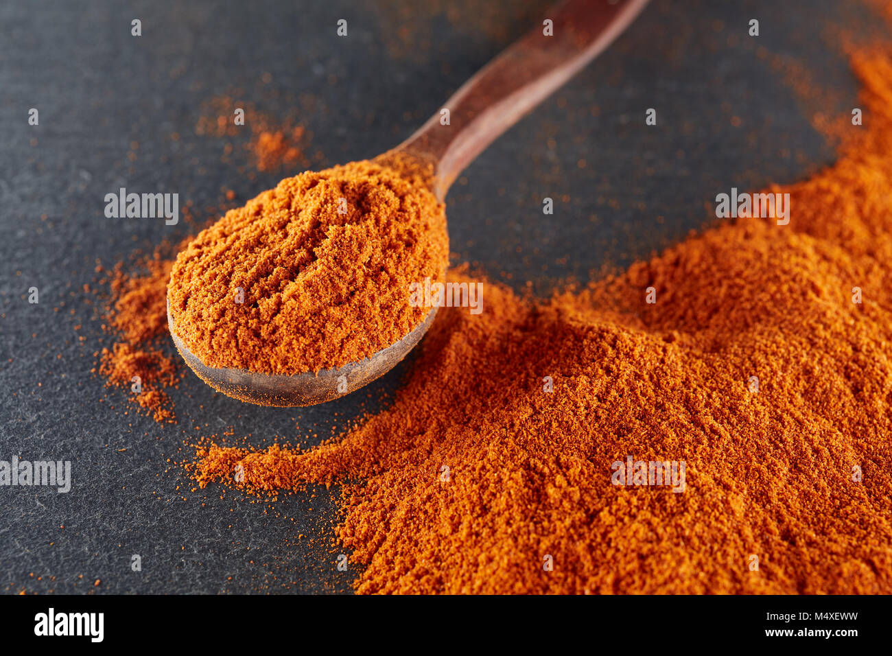 Top view on the texture background of red chilli pepper powder mixed ...