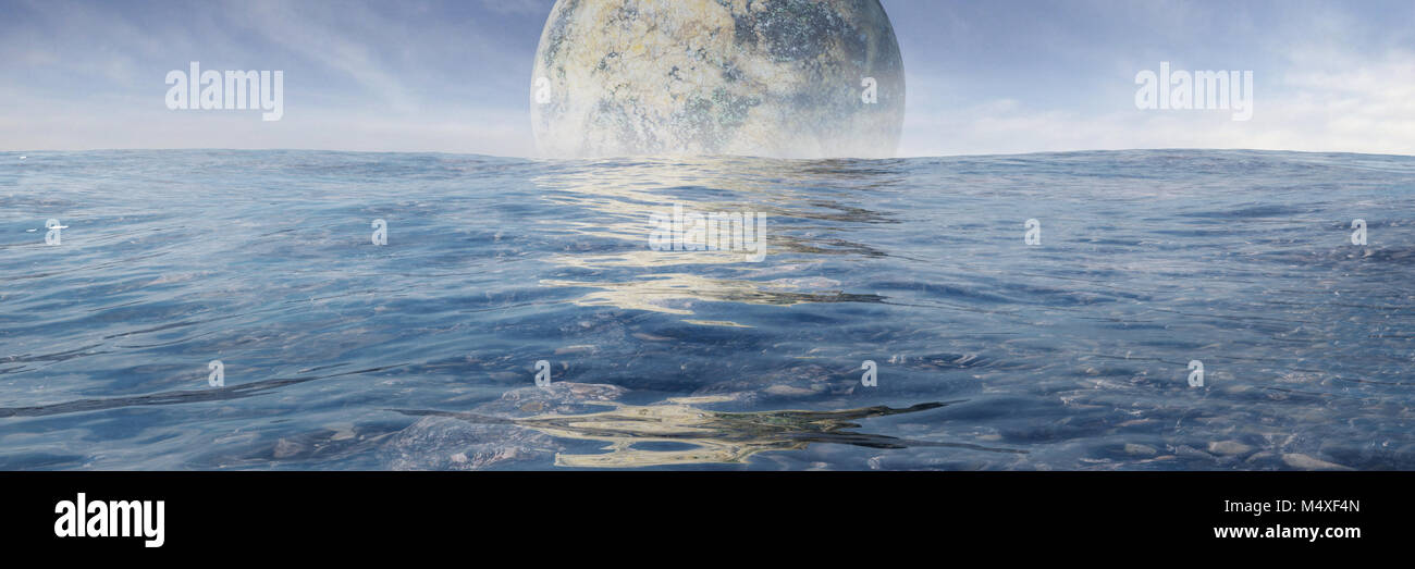 huge alien planet rising over the ocean of a distant world (3d ...