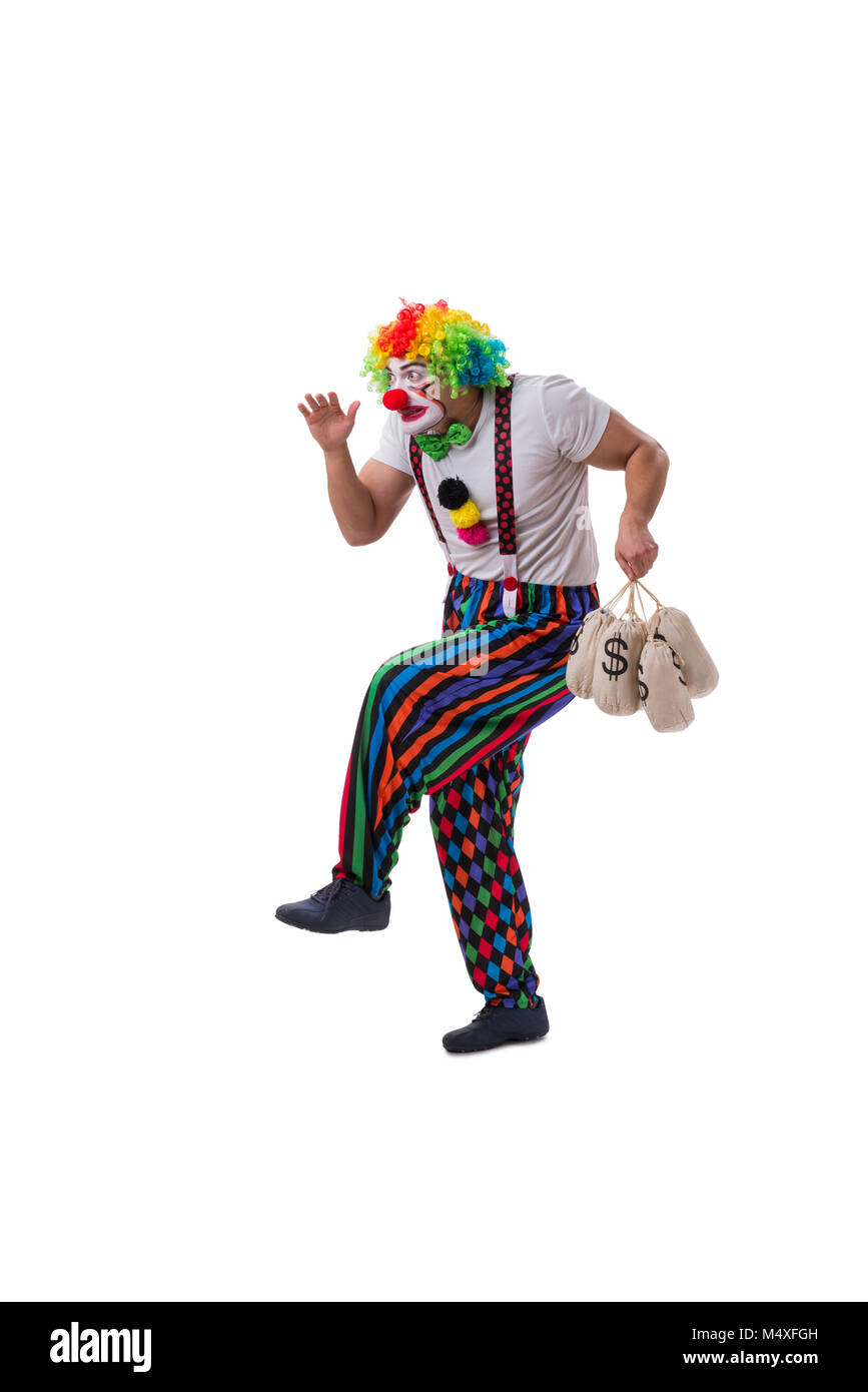 Funny clown with money bags sacks isolated on white background Stock ...