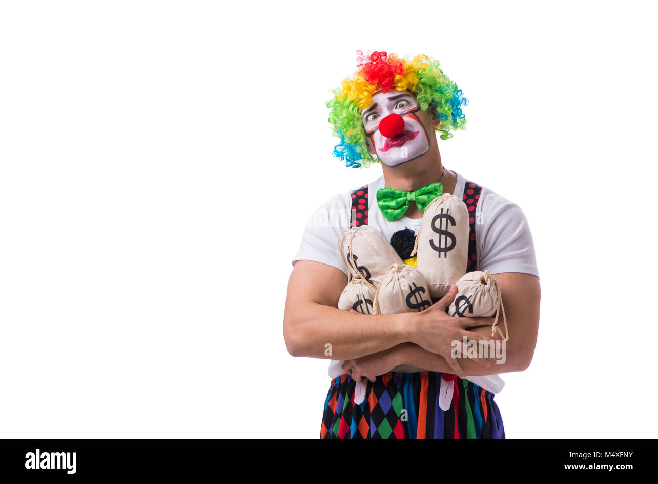 Funny clown with money sacks bags isolated on white background Stock ...