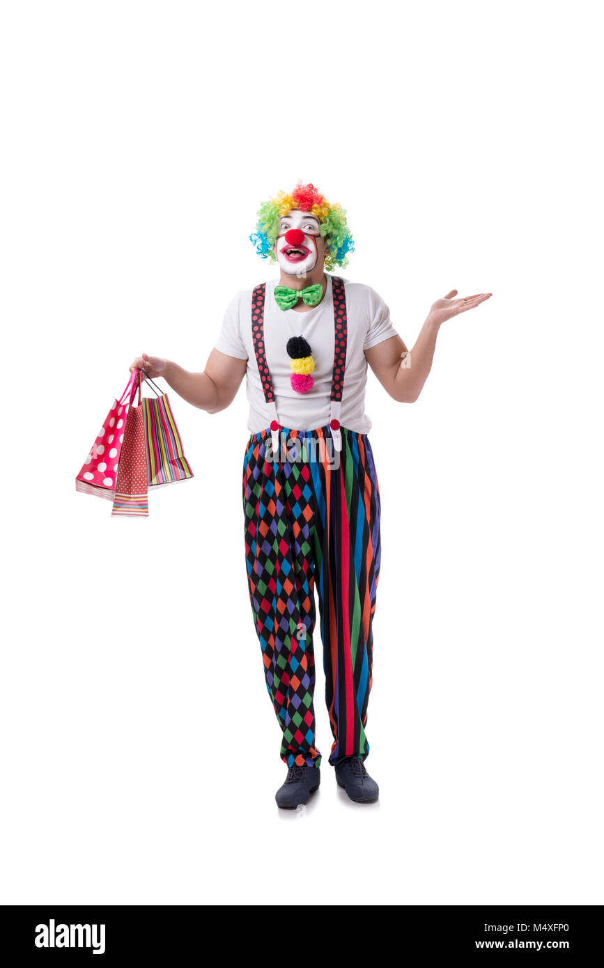 Funny clown with shopping bags isolated on white background Stock Photo ...