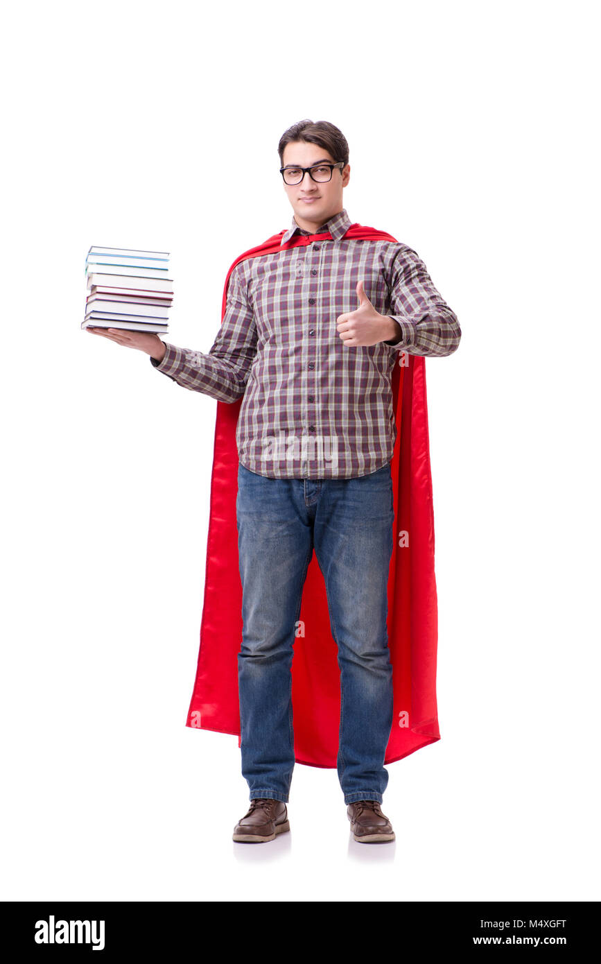 Super hero student with books isolated on white Stock Photo - Alamy