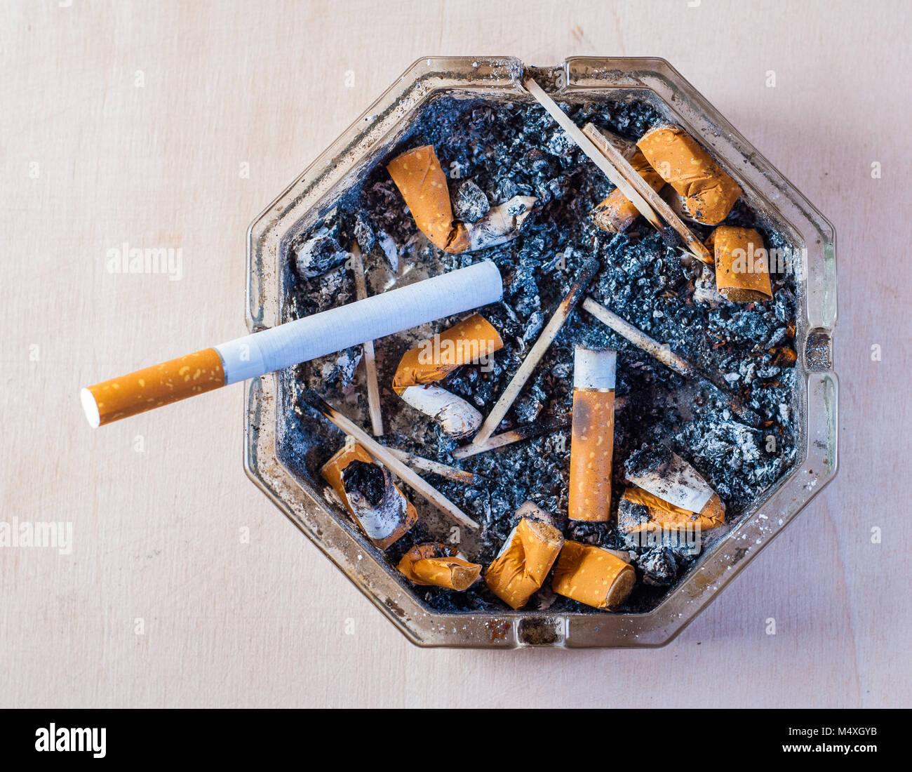 A cigarette with a filter in a dirty ashtray with cigarette butts ...