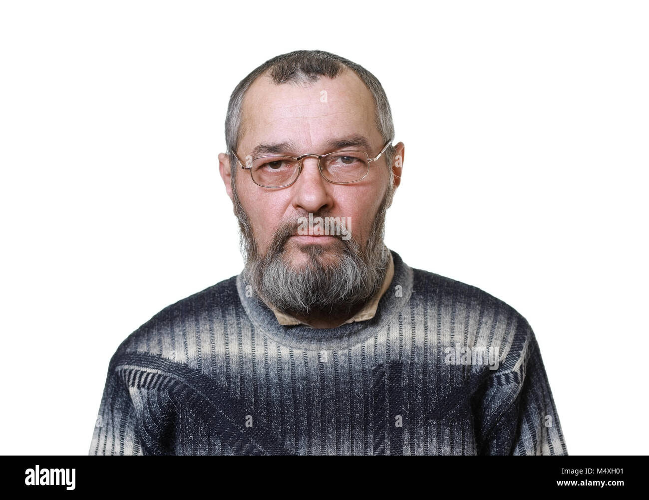 Real man with a beard looks at the camera on white background Stock ...