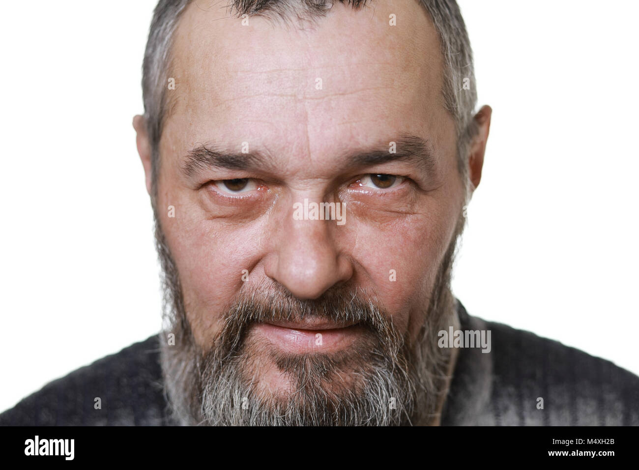 Real man with a beard looks at the camera on white background Stock ...