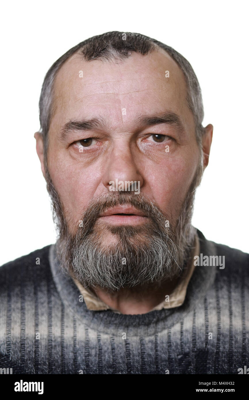 Real man with a beard looks at the camera on white background Stock ...