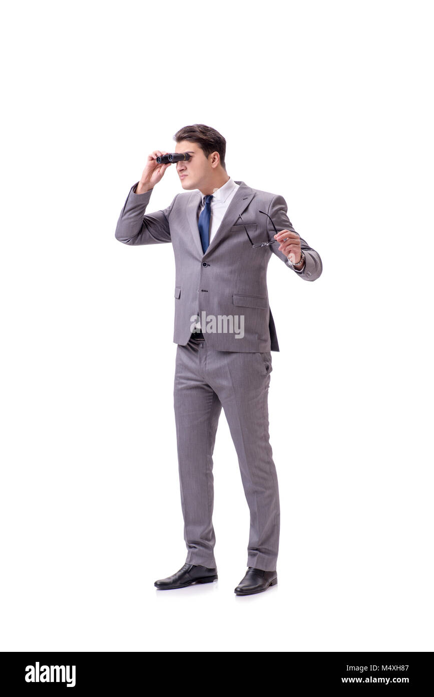 Young man with binoculars isolated on white Stock Photo - Alamy