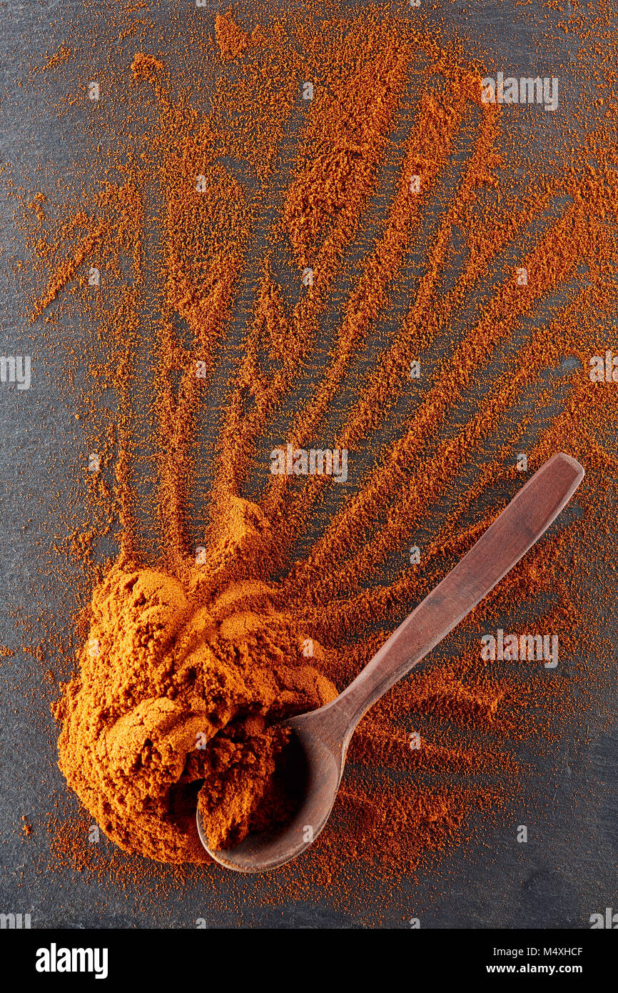 Top view on the texture background of red chilli pepper powder mixed ...