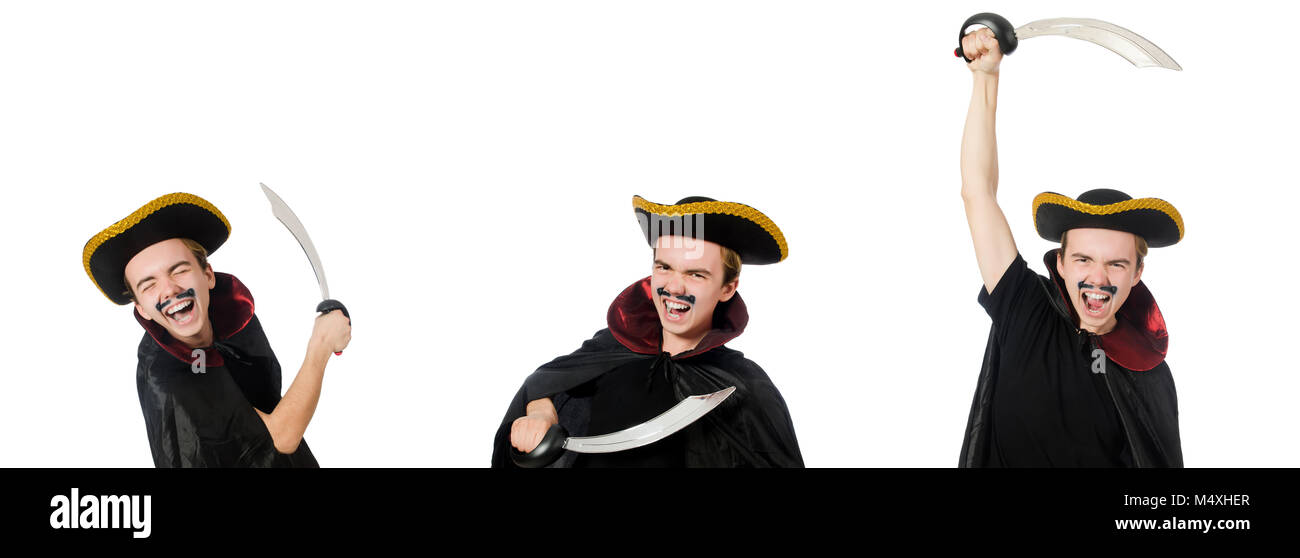 Young pirate holding sword isolated on white Stock Photo - Alamy