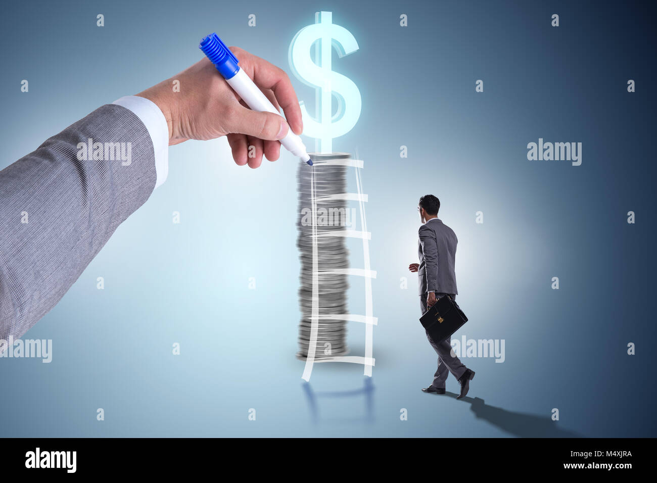 Businessman in front of money ladder Stock Photo - Alamy