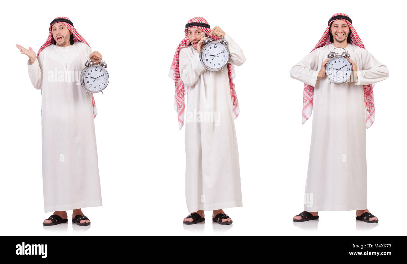 Arab man in time concept on white Stock Photo - Alamy
