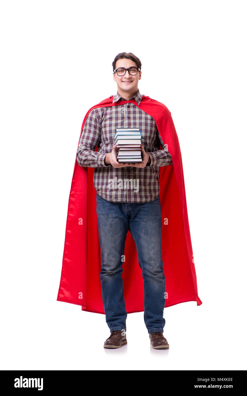 Super hero student with books isolated on white Stock Photo - Alamy
