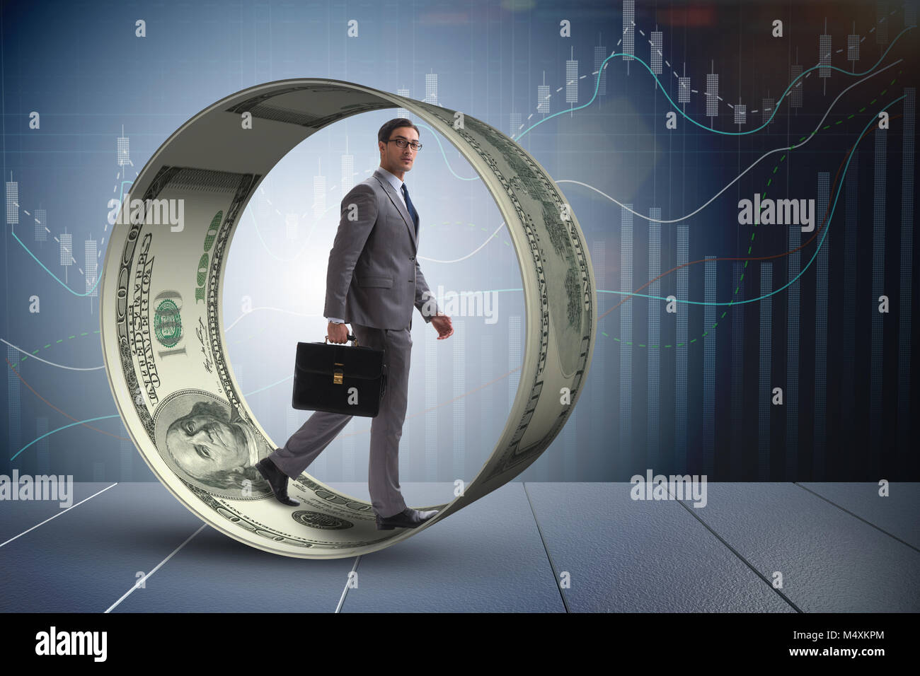 Businessman in hamster wheel chasing dollars Stock Photo - Alamy