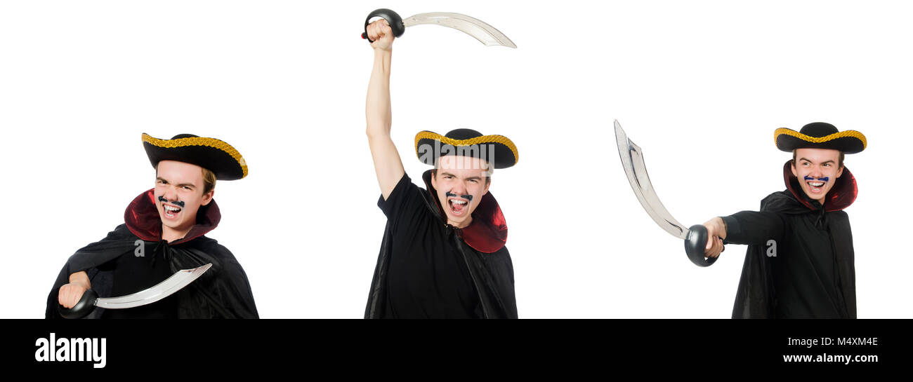 Young pirate holding sword isolated on white Stock Photo - Alamy