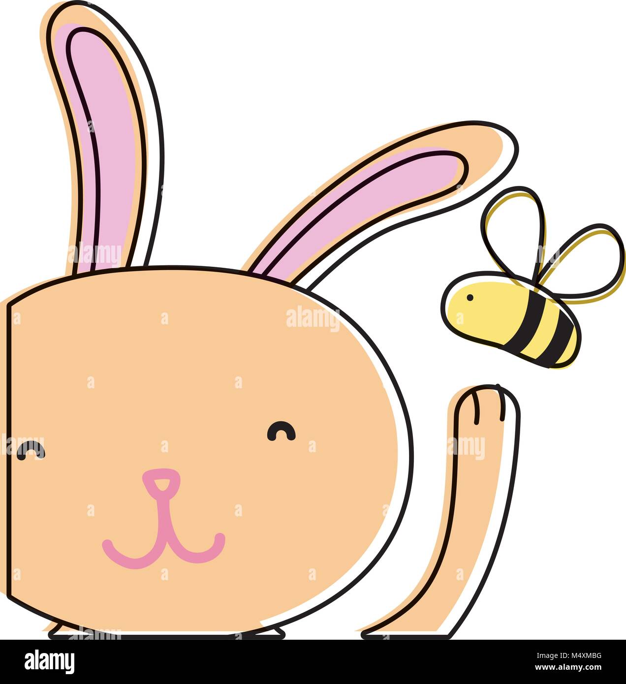 line color cartoon rabbit with bee insect flying Stock Vector Image ...