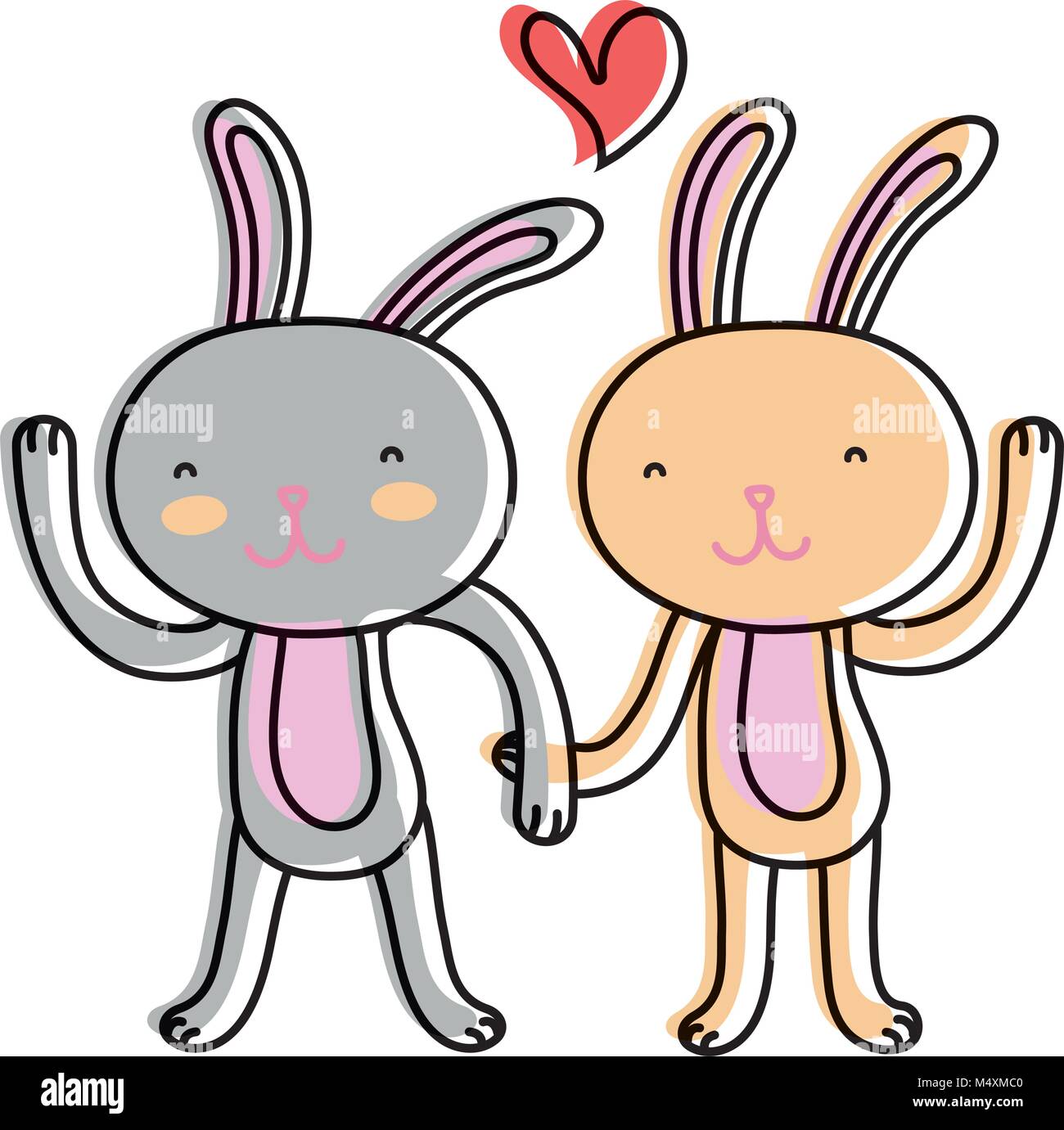 line color rabbit couple love with hands together Stock Vector Image ...