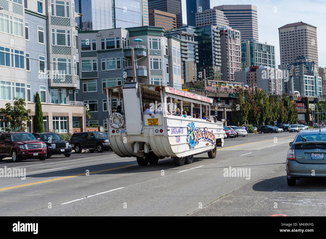 Duck tour vehicle with tourists near the waterfront Port of Seattle ...