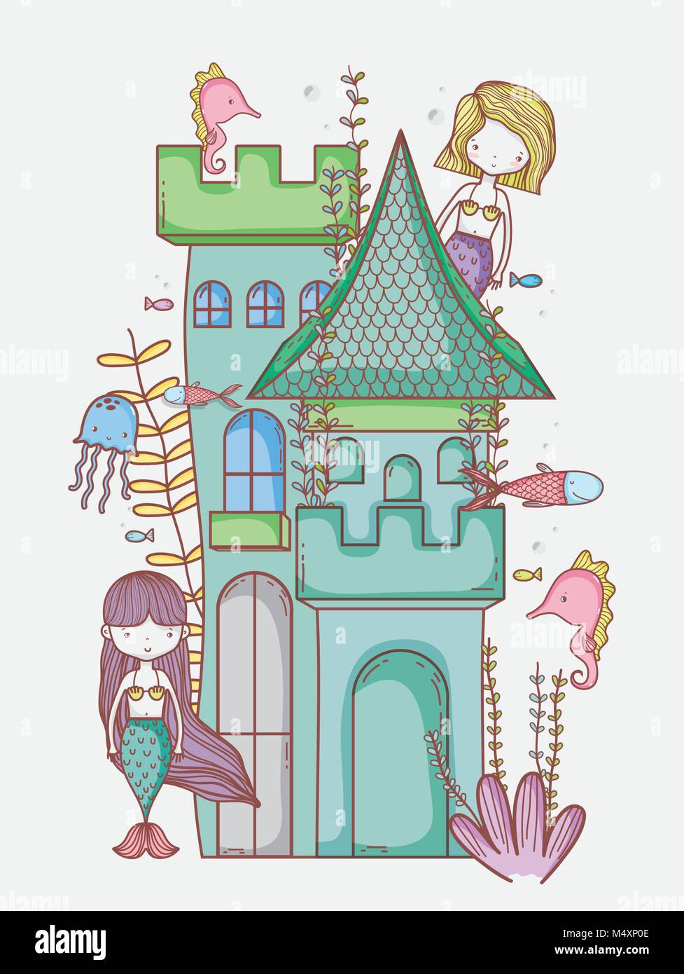Mermaid on castle cute cartoon Stock Vector Image & Art - Alamy