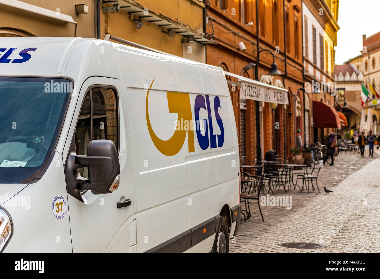 RAVENNA, ITALY - FEBRUARY 15, 2018: GLS sign on van. GLS is structuring ...