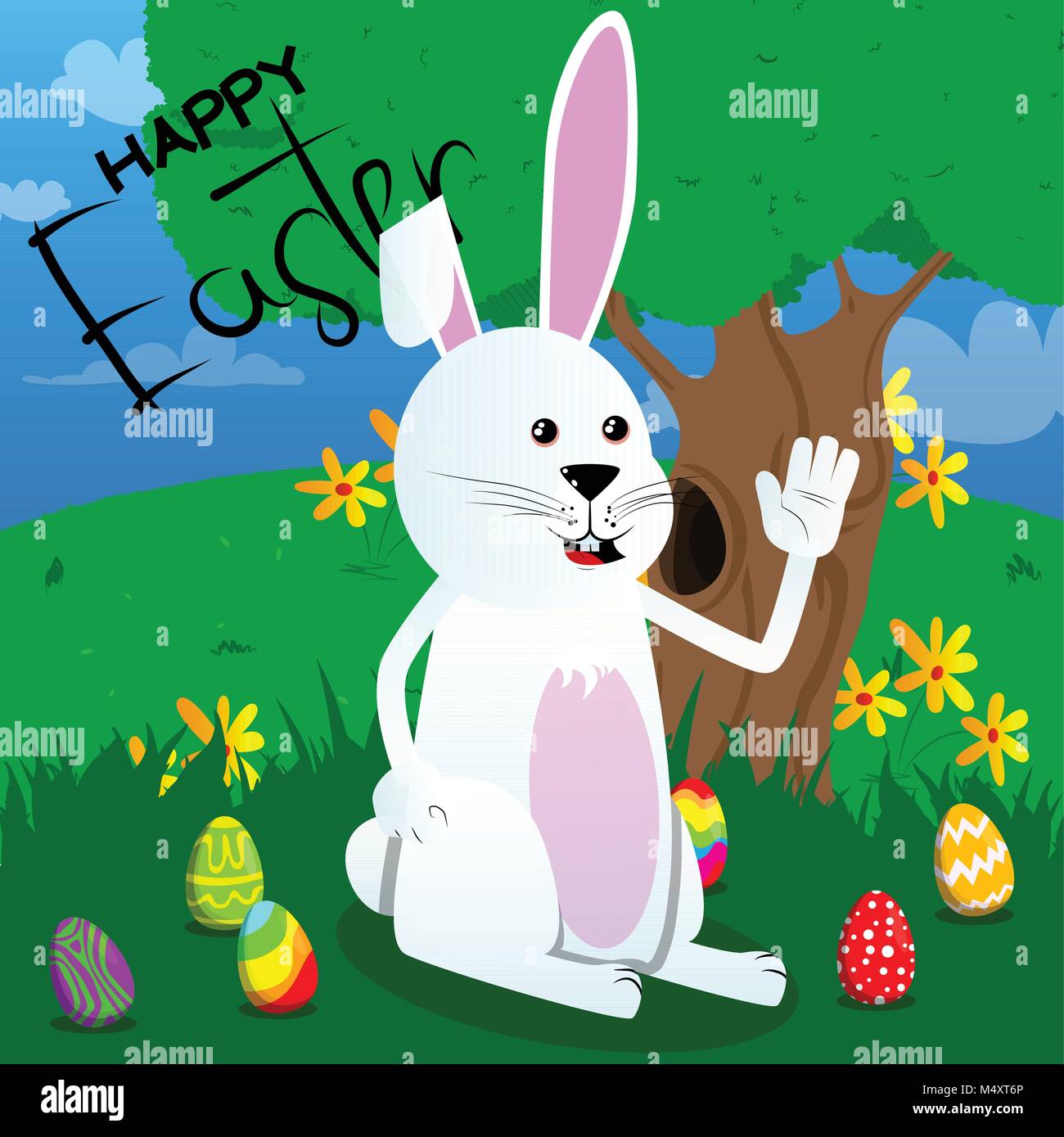 Easter bunny with waving hand. Vector cartoon character illustration ...