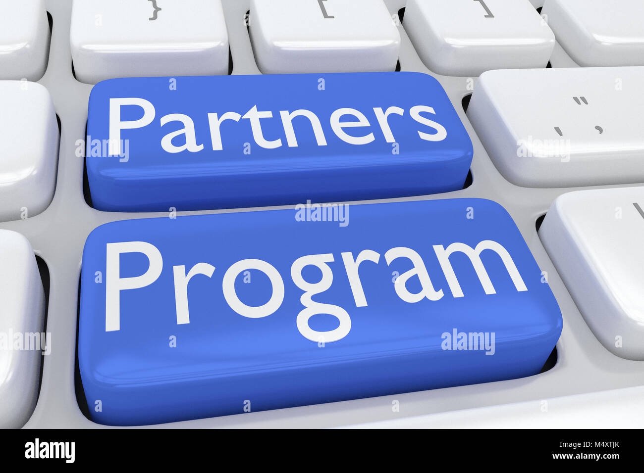 3D illustration of computer keyboard with the script Partners Program on two adjacent blue ...