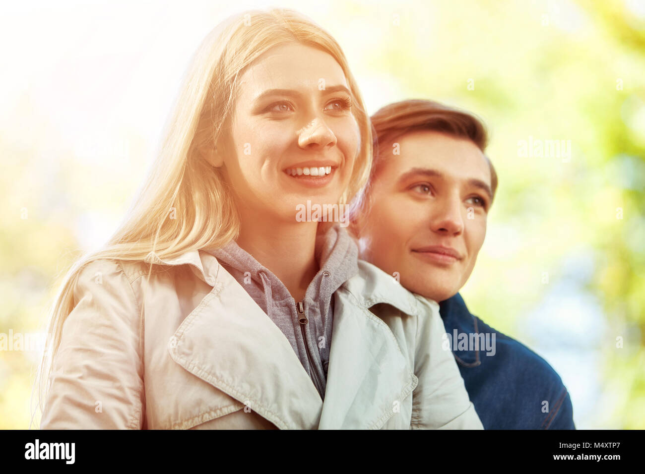 Spring couple walking park . Summer friends walk outdoor Stock Photo ...