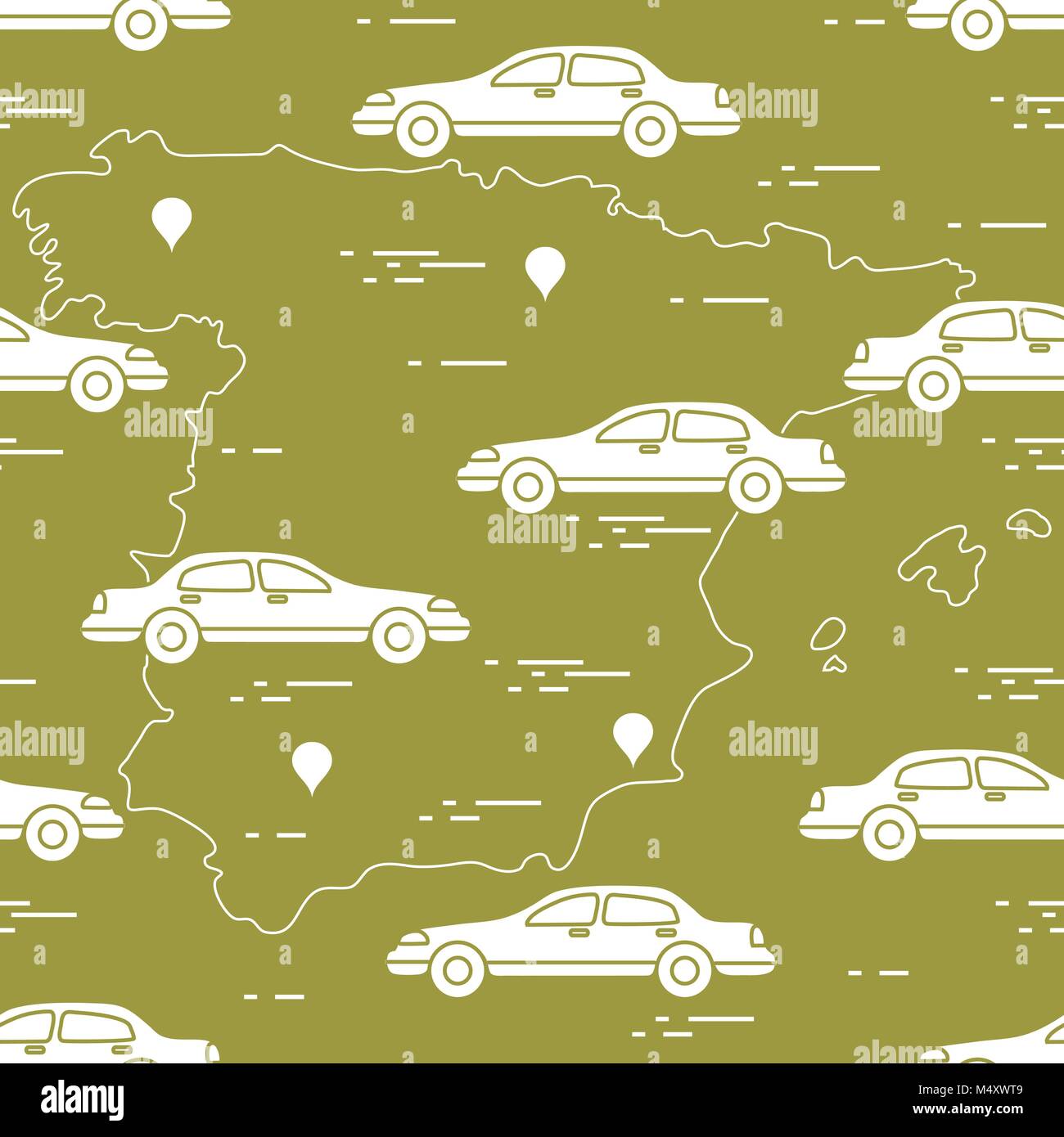 Pattern with cars and map of Spain. Travel and leisure. Design for ...