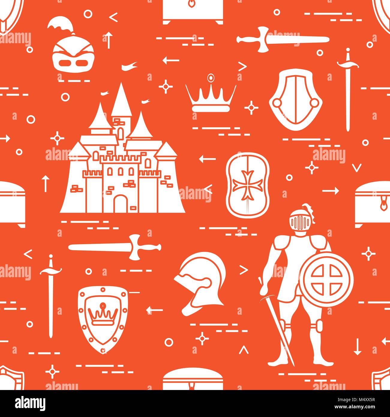 Seamless pattern with knight, castle, shields, swords, cuirass, helmet ...