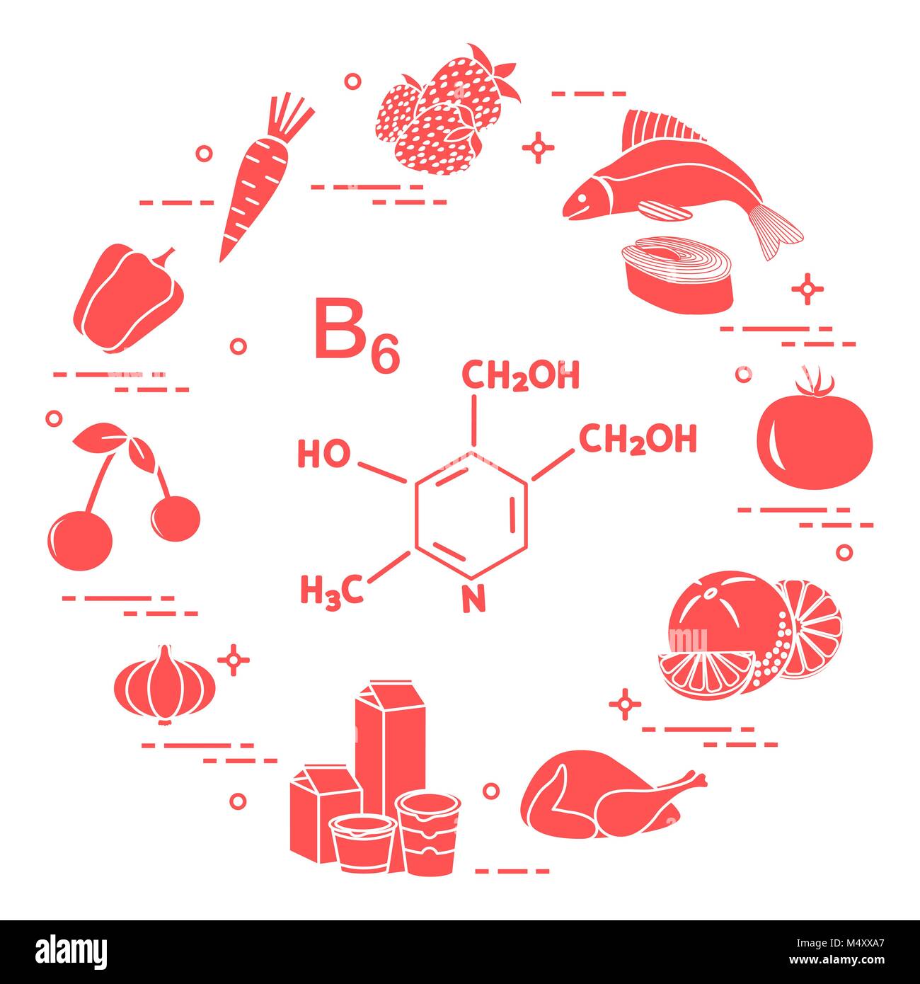 Foods rich in vitamin B6. Carrot, strawberry, fish, tomato, orange ...