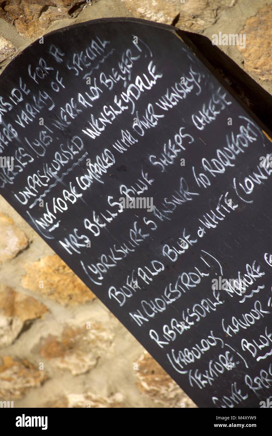 Cheese shop information sign, Masham Stock Photo - Alamy