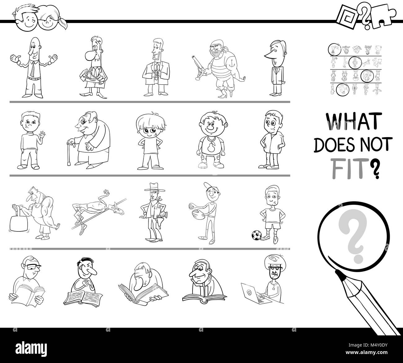 mismatched picture in a row coloring page Stock Photo - Alamy