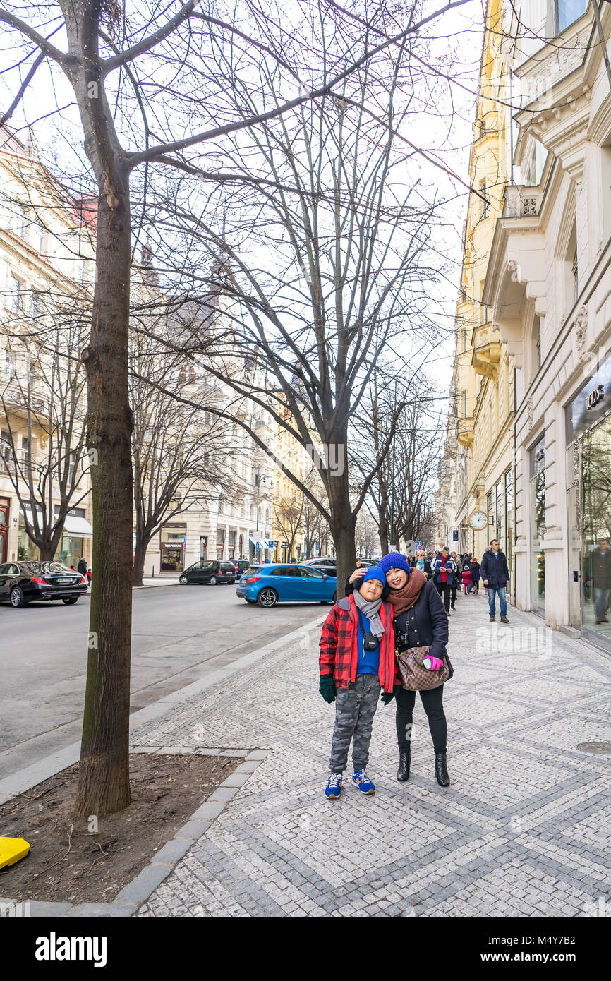 PRAGUE, CZECH REPUBLIC - MARCH 5, 2016: Asian boy and mom are travel in ...