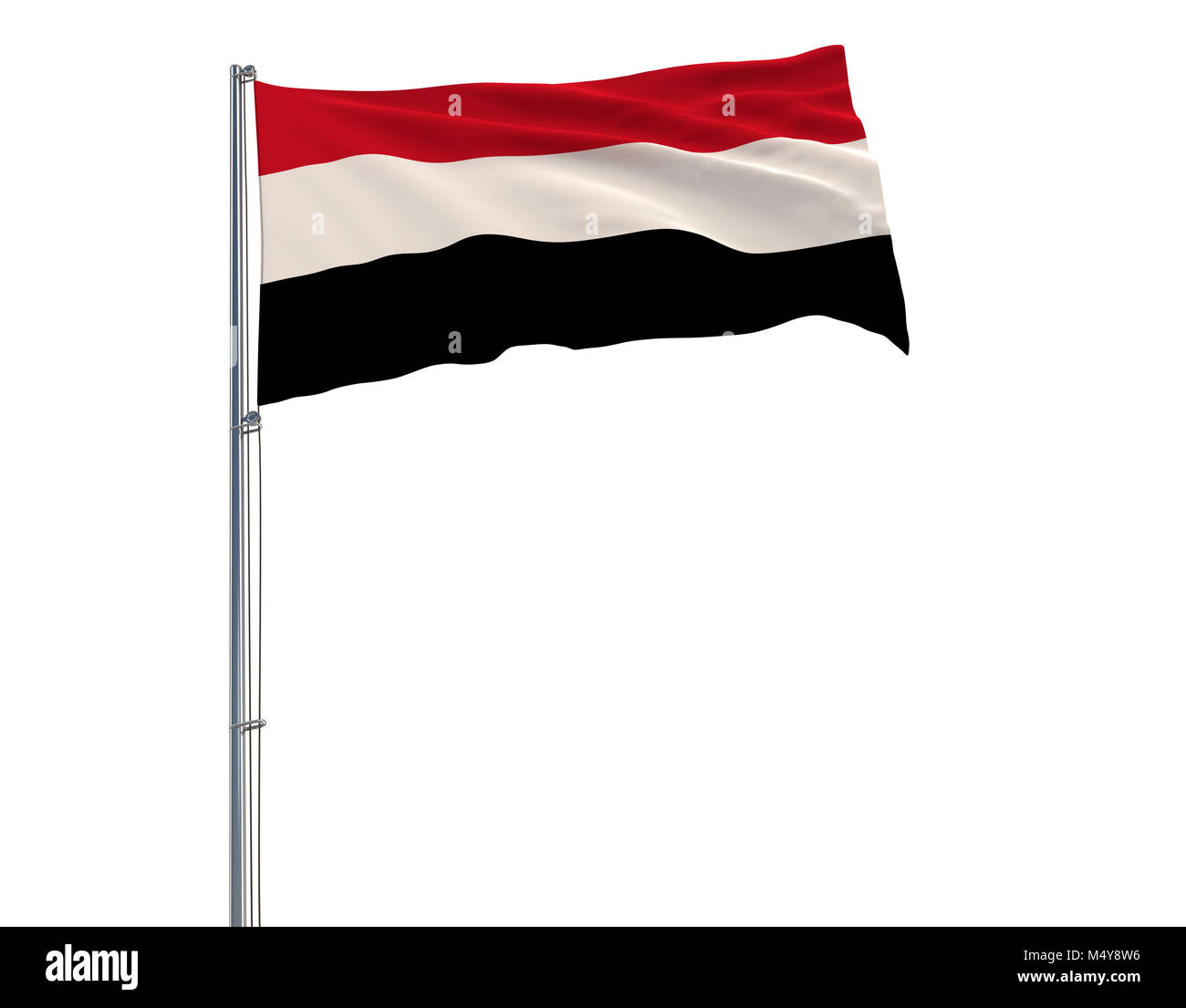 Flag of Yemen on the flagpole fluttering in the wind on a white ...