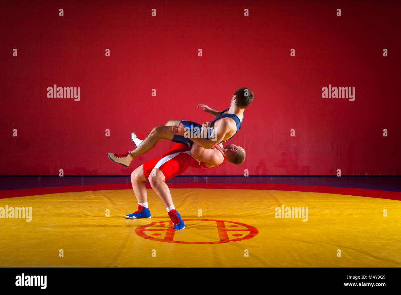 Two strong wrestlers in blue and red wrestling tights are wrestlng and ...