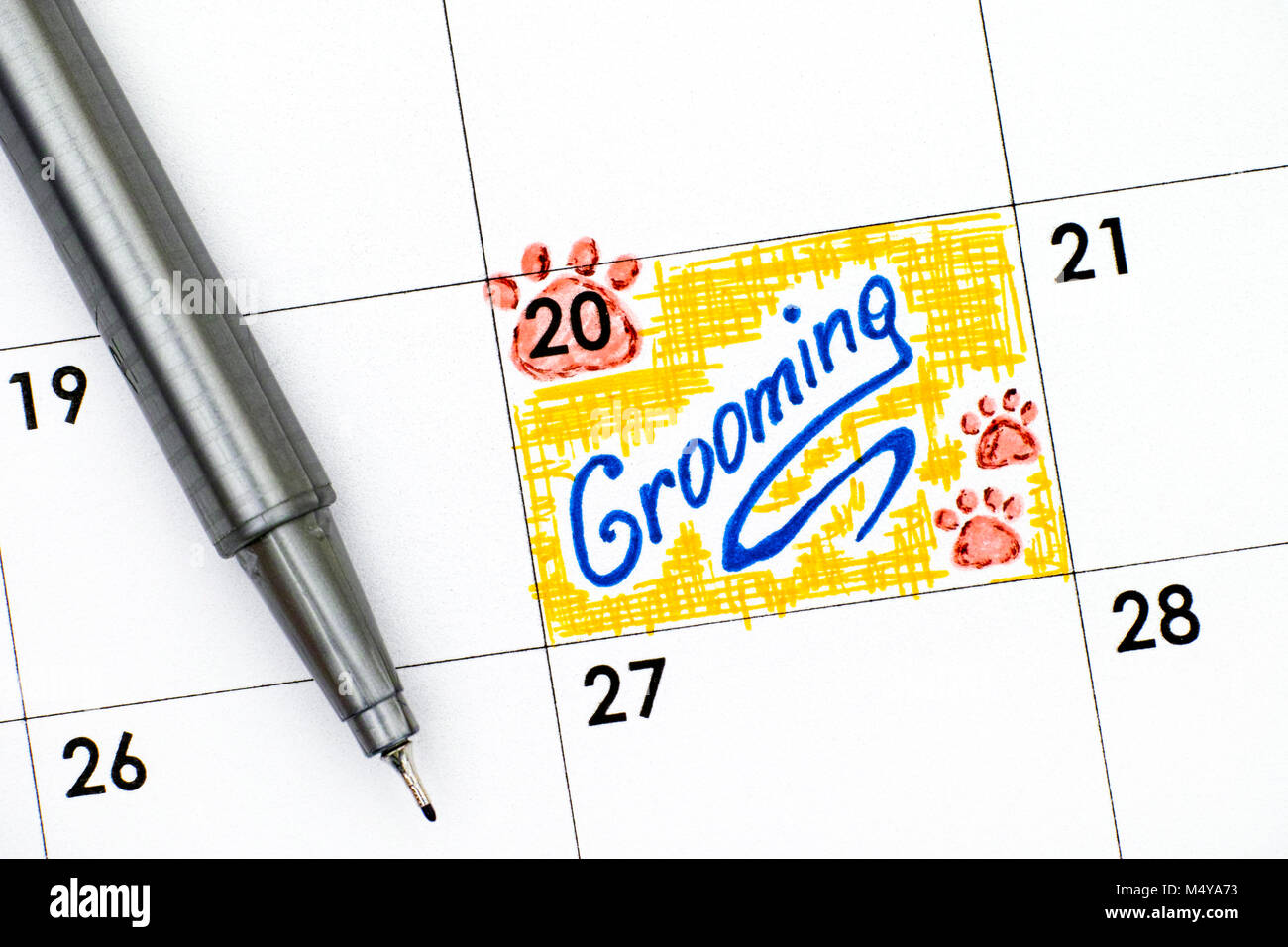 Reminder Grooming in calendar with pen. Close-up Stock Photo - Alamy