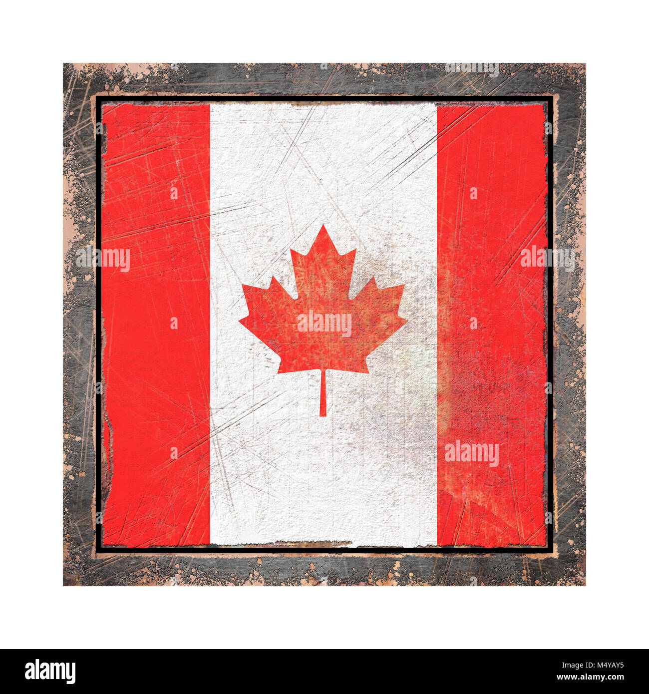 3d rendering of a Canada flag over a rusty metallic plate in an old ...